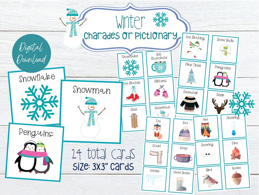 Printable Winter Game, Winter Charades Cards, Winter Pictionary Cards ...