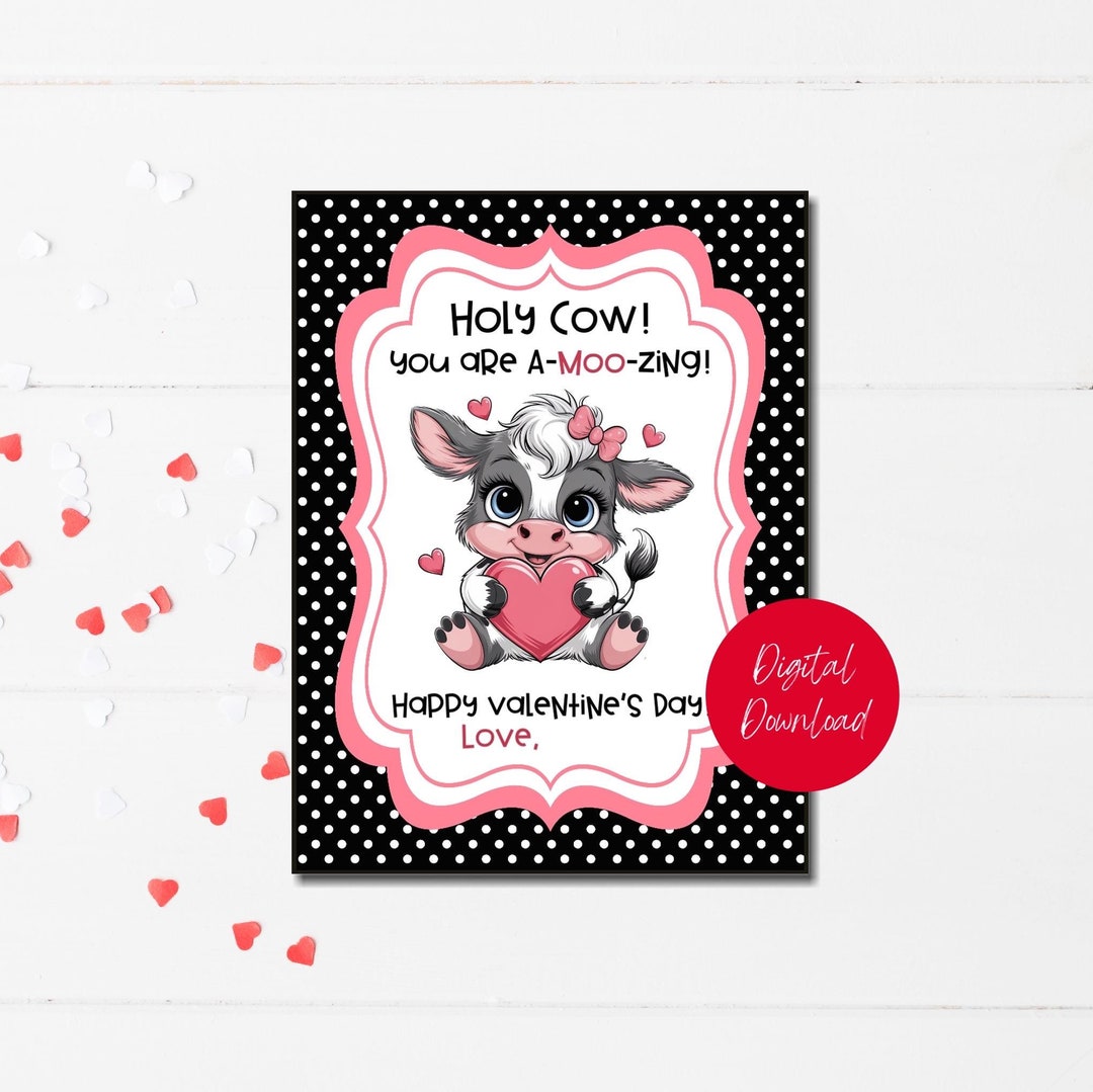 Printable Cute Cow Valentine Cards for Kids, DIY School Valentine Tags ...