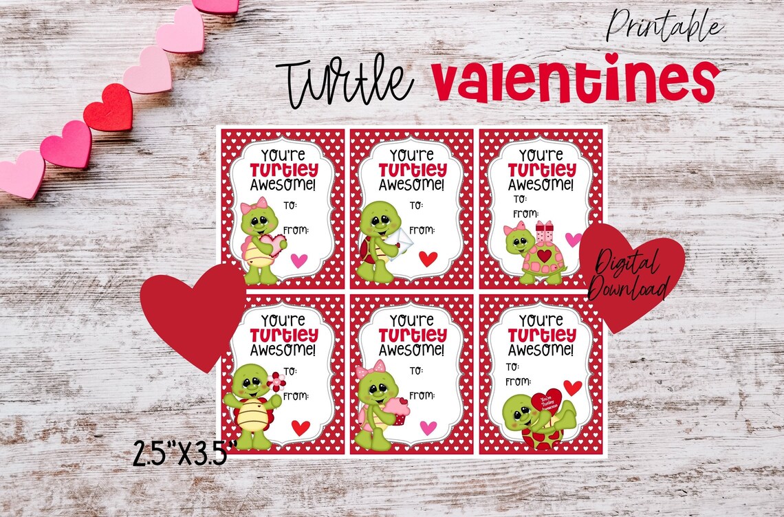 Turtle Valentine Cards for Kids Printable Valentine Cards | Etsy
