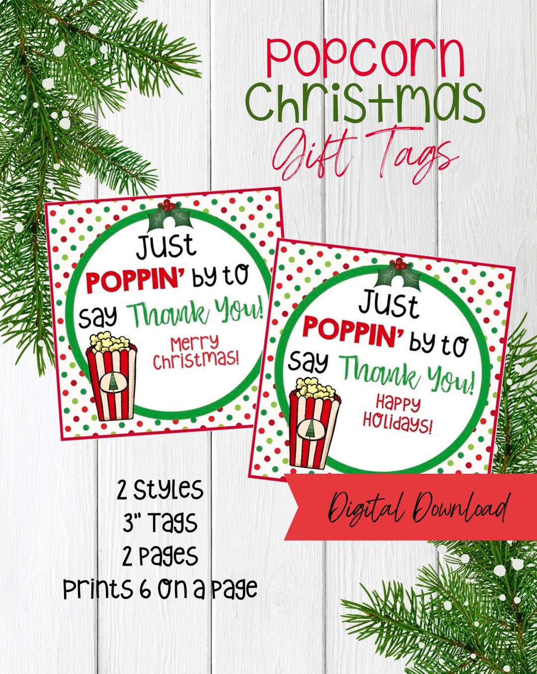 Just Poppin' by to Say Thank You Christmas Gift Tags, Printable Popcorn ...