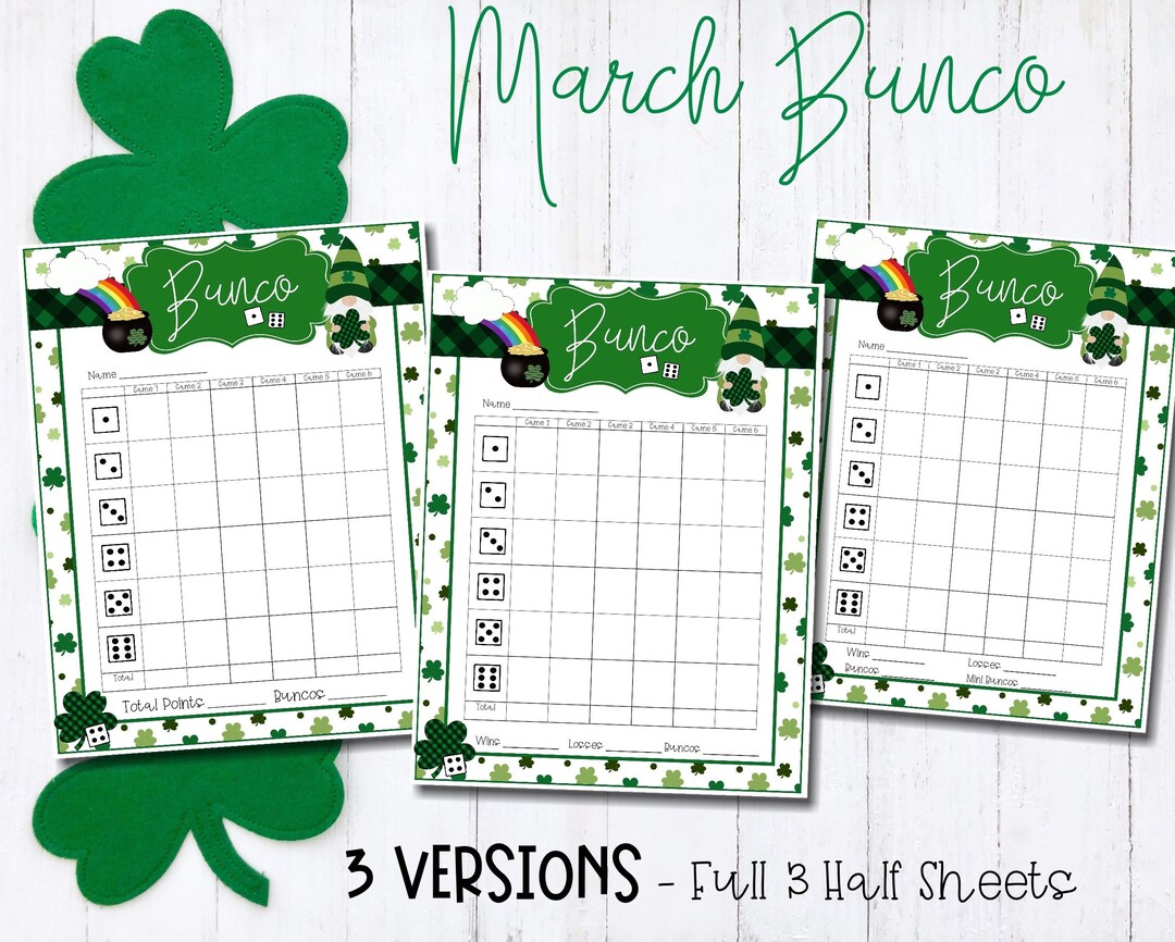 March Bunco Score Cards, St. Patrick's Day Bunco Score Sheets, March ...