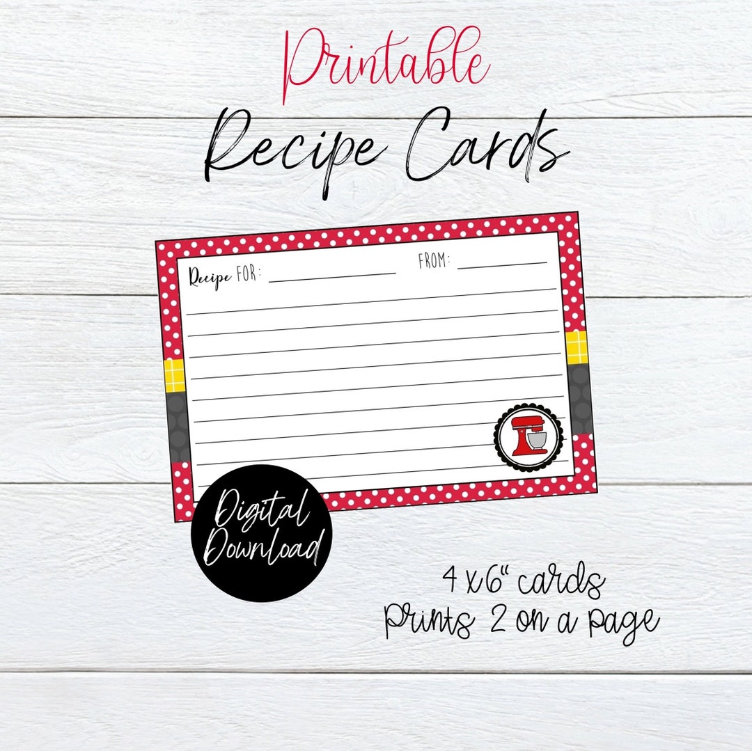 Printable Recipe Cards, Red and Yellow Recipe Cards, 4x6 Digital Recipe ...
