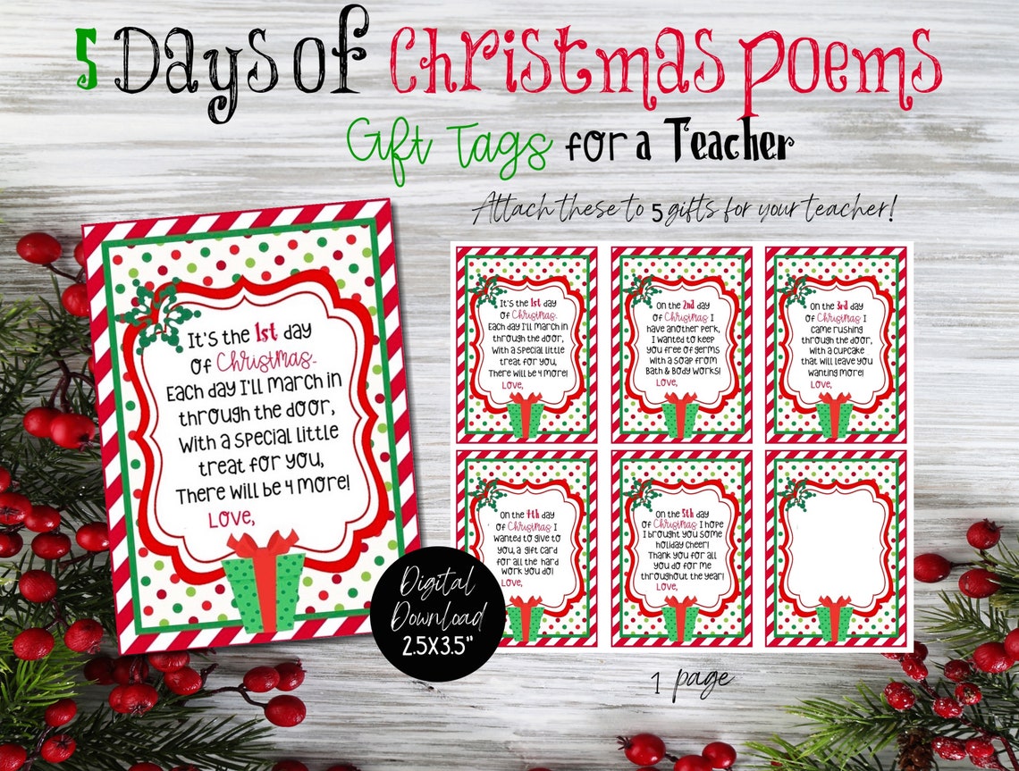 5 Days of Christmas for a Teacher Gift Tags Teacher Gifts for - Etsy