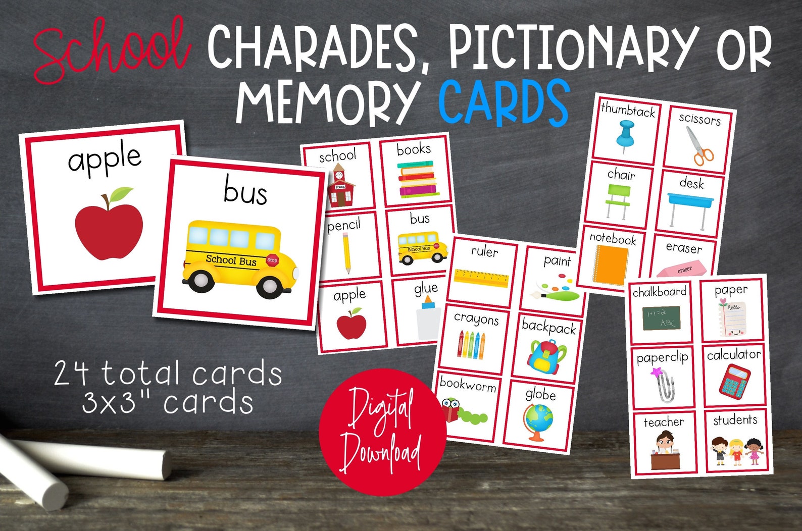 School Charades, School Cards for Memory, School Pictionary Cards ...