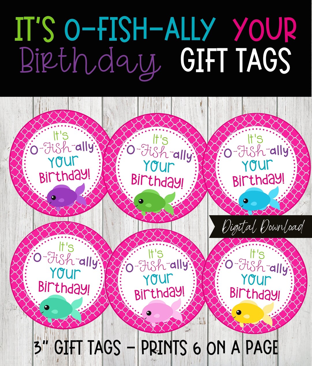 It's O-FISH-ALLY Your Birthday Gift Tags, Pink Fish Birthday Tags, Fish ...