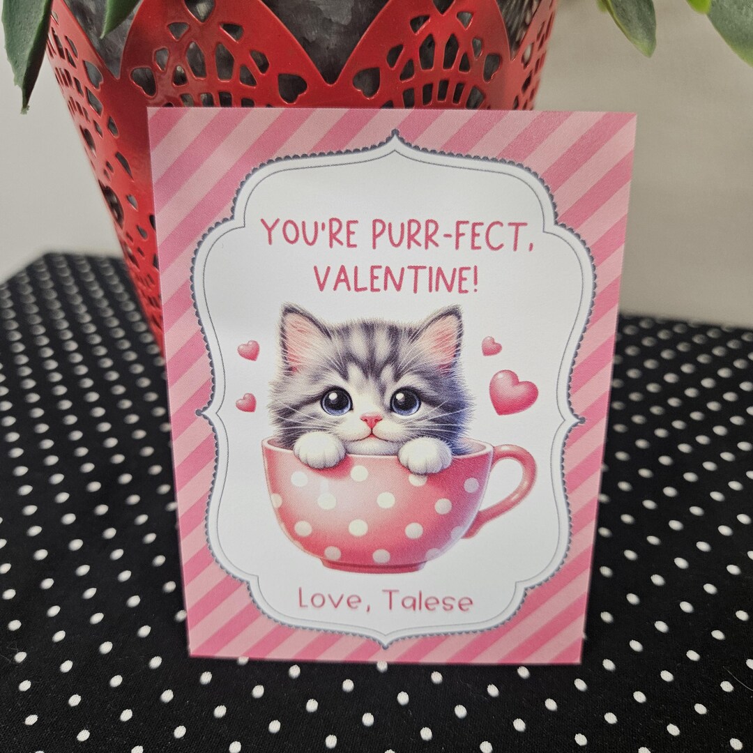 Personalized Cat Valentine Cards for Kids, Kitty Cat Valentines Day ...