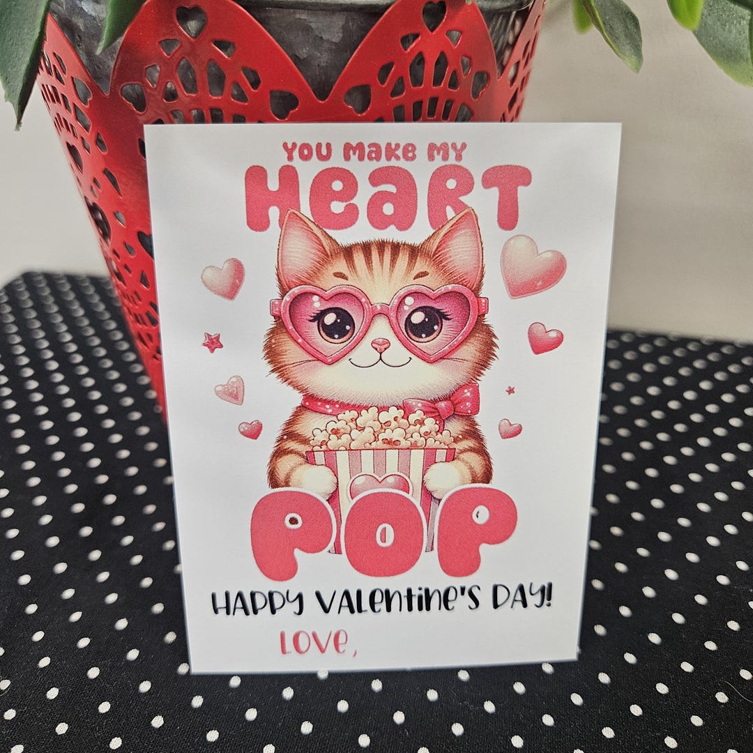 Printable Cat Valentines Day Cards for Kids, Popcorn Valentines ...