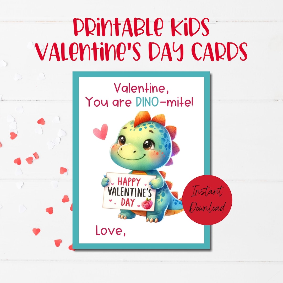 Printable Dinosaur Kids Valentines Day Cards, Dino Valentine Cards ...