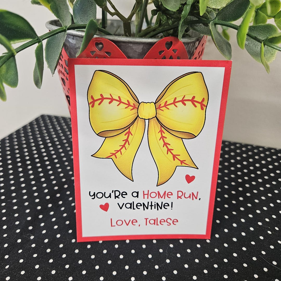 Kids Personalized Softball Valentines Day Cards, Coquette Bow Classroom ...