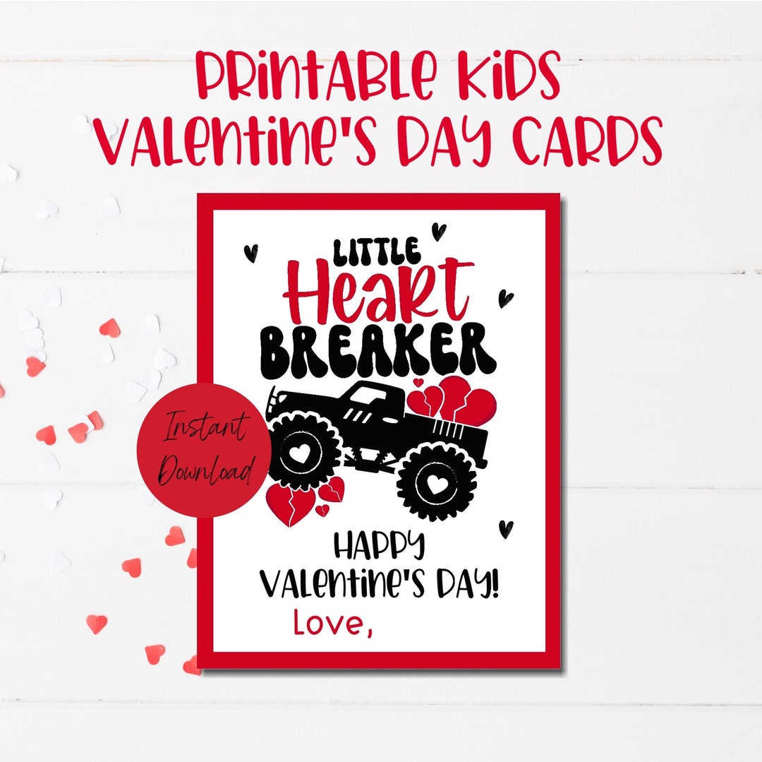 Printable Monster Truck Kids Valentines Day Cards, Truck Valentines ...