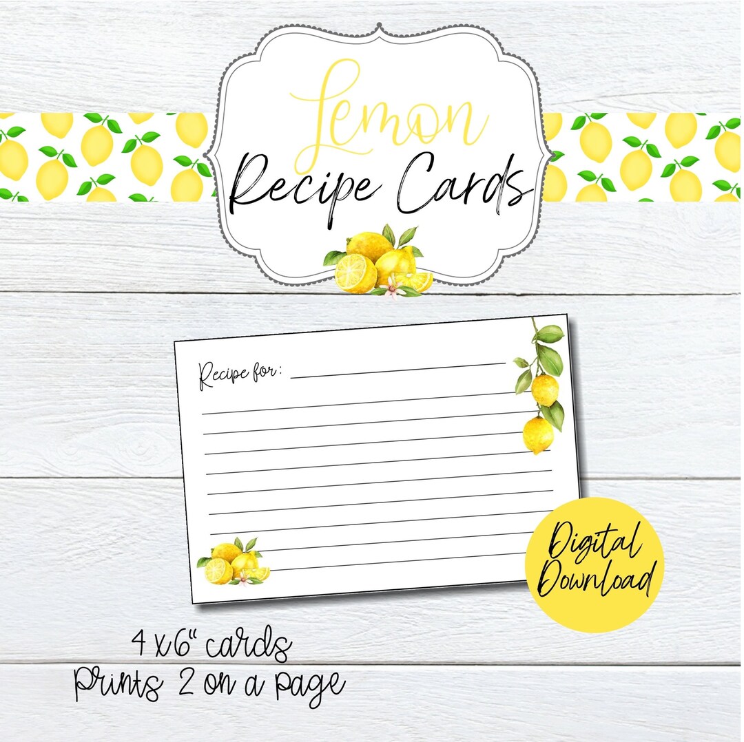 Lemon Recipe Cards, Printable Recipe Cards, 4x6 Recipe Cards, Yellow ...