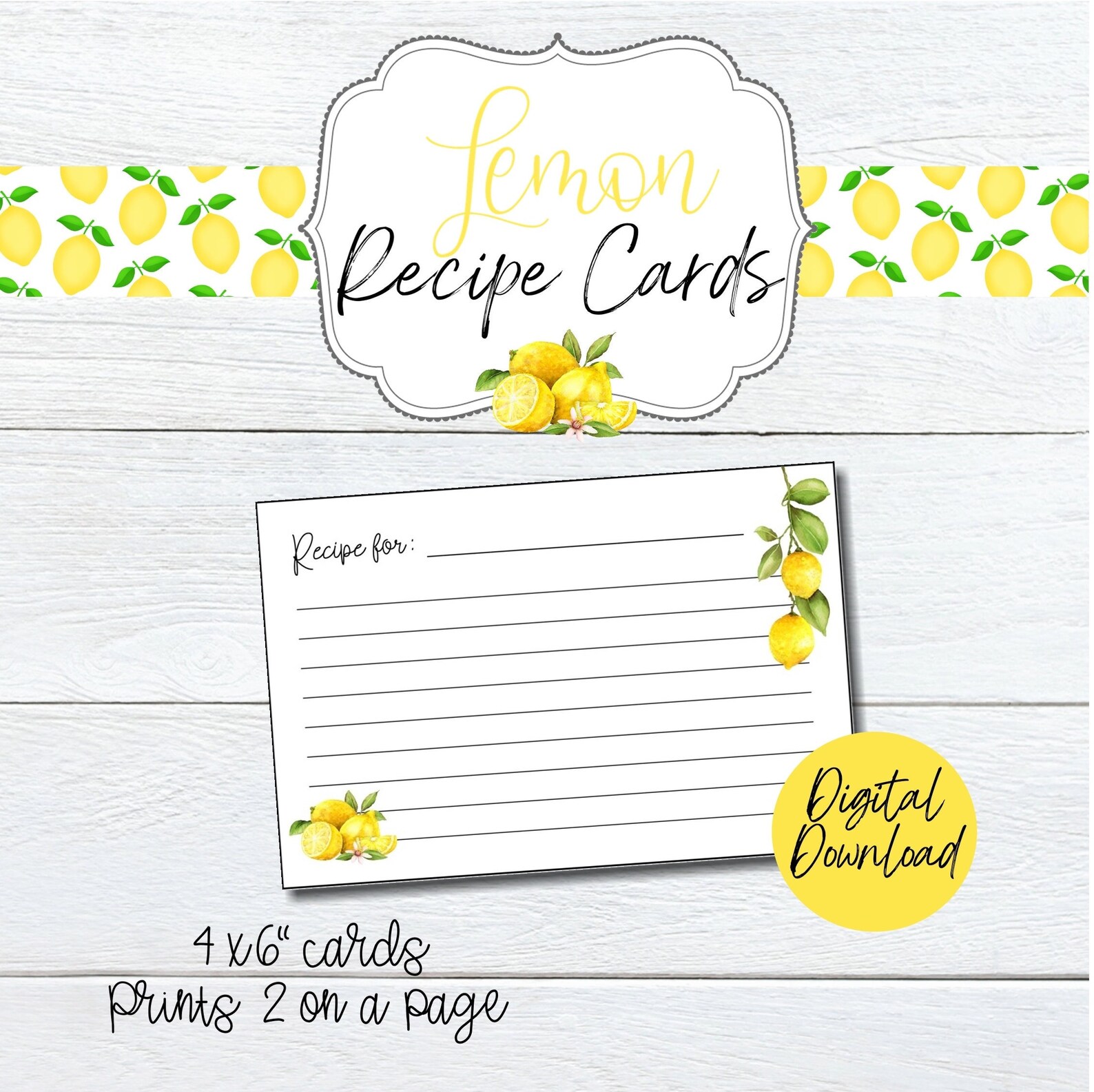 Lemon Recipe Cards, Printable Recipe Cards, 4x6 Recipe Cards, Yellow ...