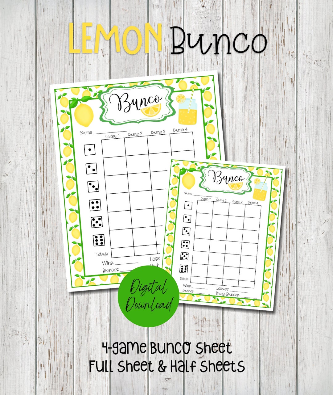 Lemon Bunco Score Sheets, 4-game Bunco Sheets, Lemon Themed Bunco ...