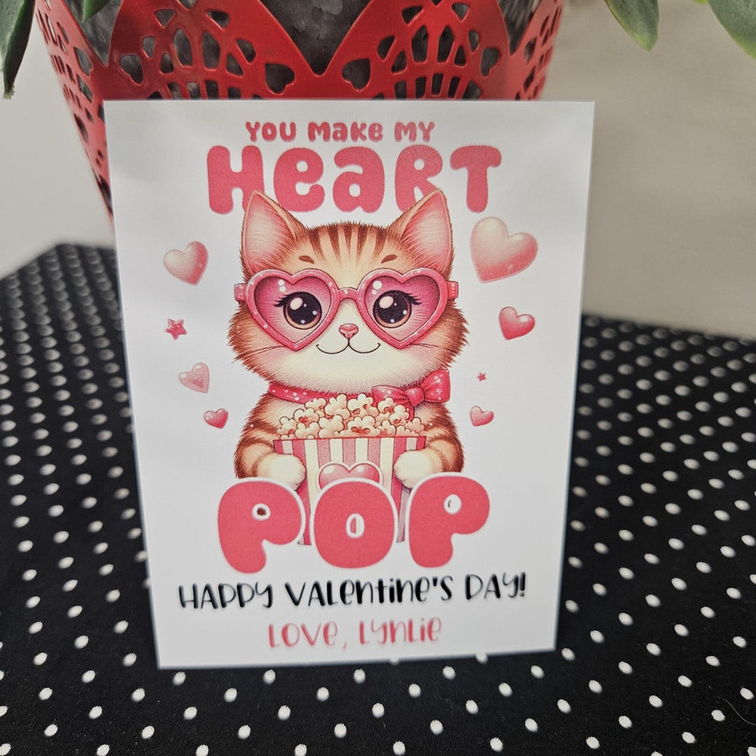 Kids Personalized Cat Valentines Day Cards, Popcorn Valentines, Girl ...
