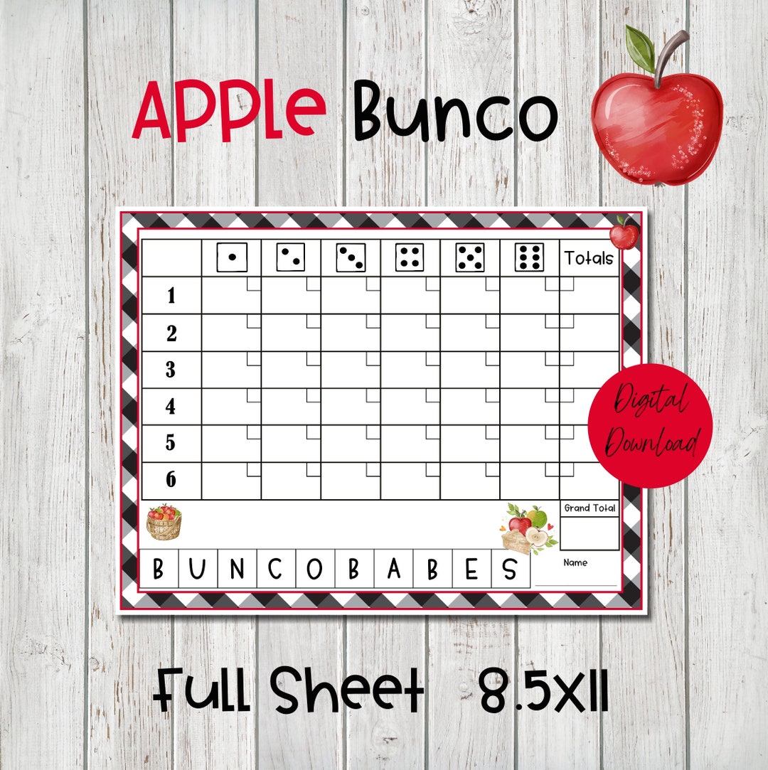 Bunco Score Cards, Apple Themed Bunco, Horizontal Bunco Score Cards ...