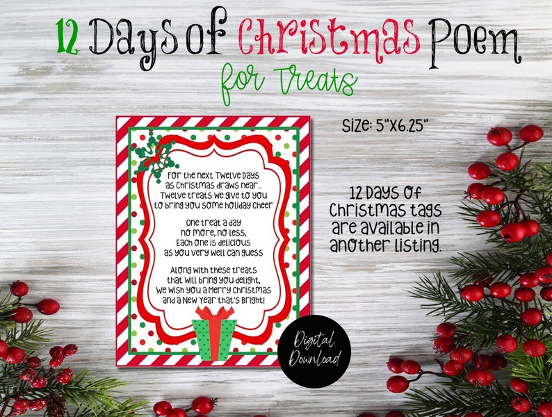 12 Days of Christmas Poem for Treats, 12 Days of Christmas Printables ...