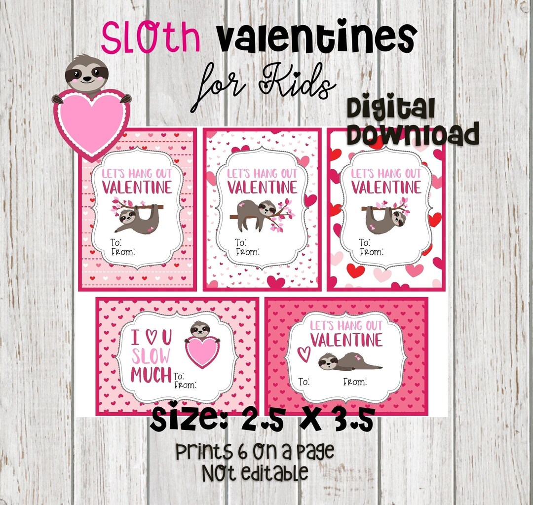 Sloth Valentines, Kids Printable Valentine's Day Cards, Sloth Valentine ...