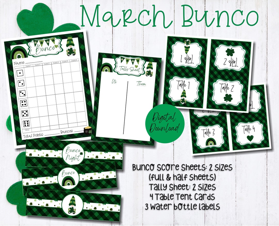 St. Patrick's Day Bunco Score Cards, March Bunco Score Sheets, March ...