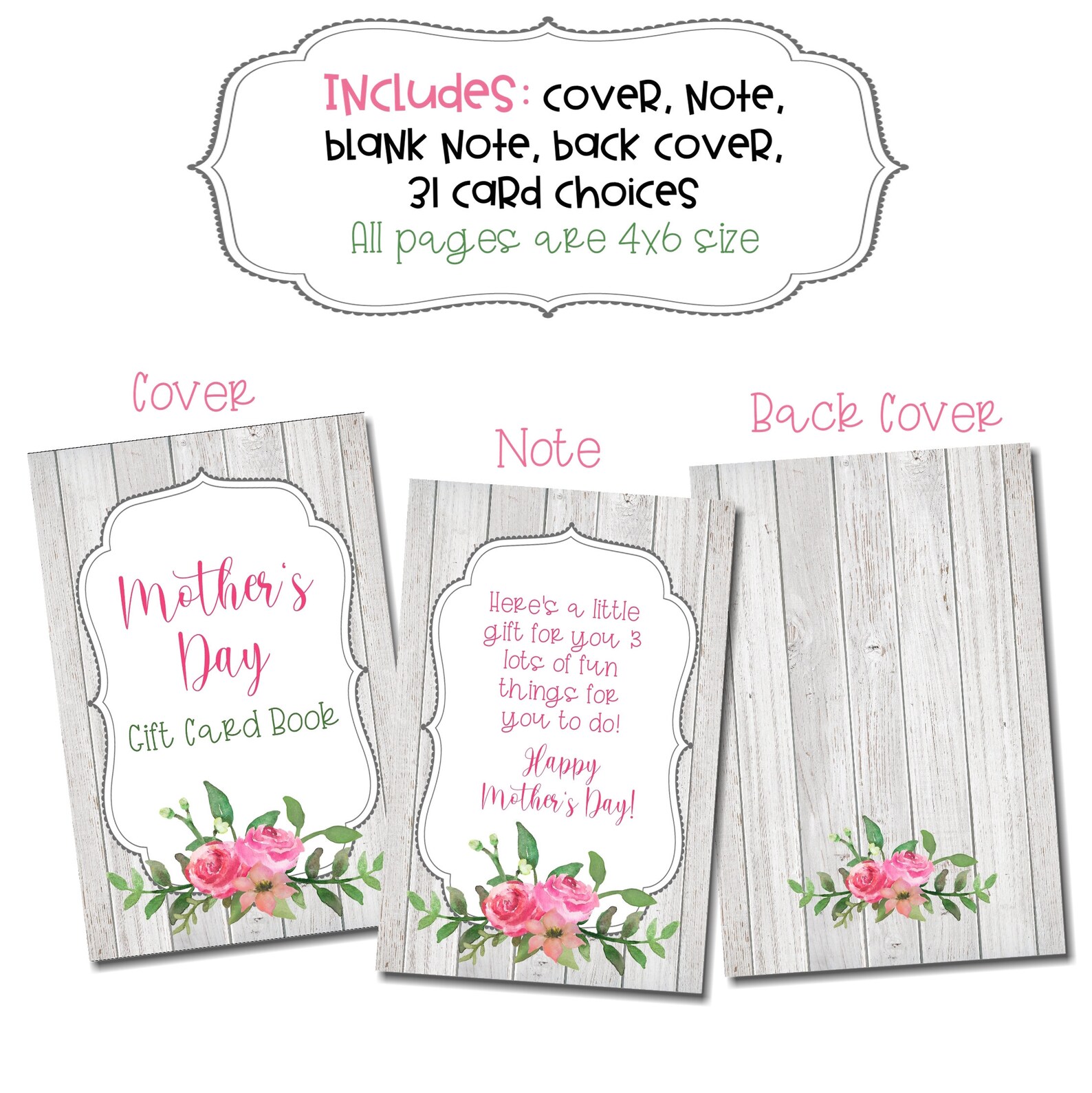 Mother's Day Gift Card Book, Printable 4x6 Mother's Day Gift Card Book ...
