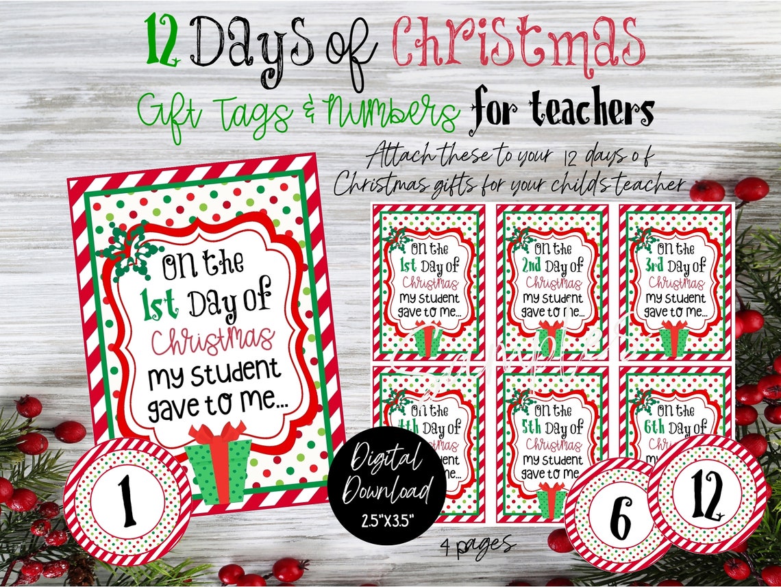12 Days of Christmas Tags for Teachers, Teacher 12 Days of Christmas ...