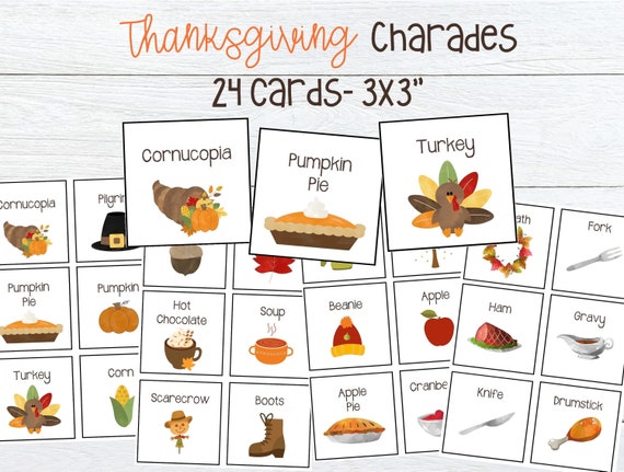 Thanksgiving Charades Game Printable Cards for Charades | Etsy