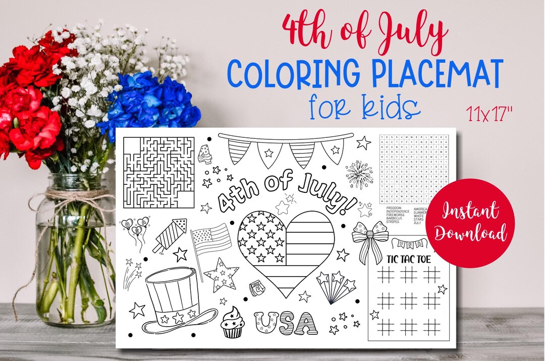 4th of July Printable Activity Placemat for Kids, 11x17" Coloring ...