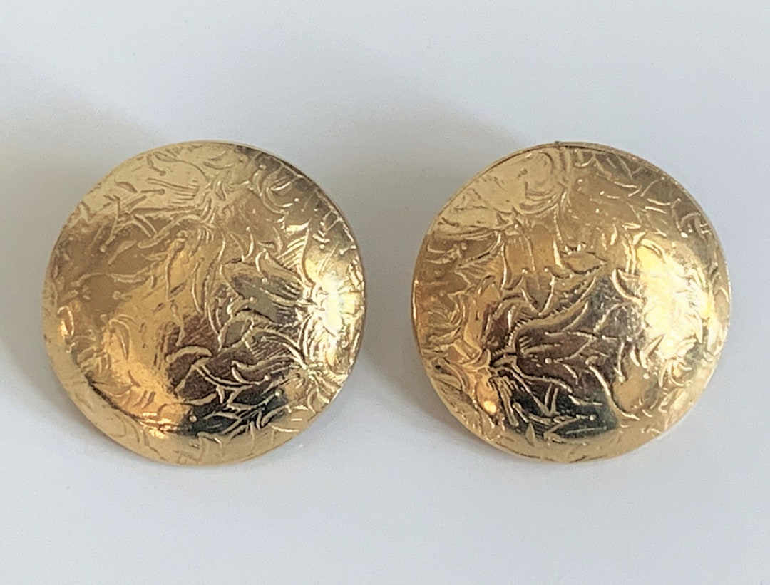 14 Karat Gold Filled Posts Round Semi Domed Floral Engraved Pierced ...