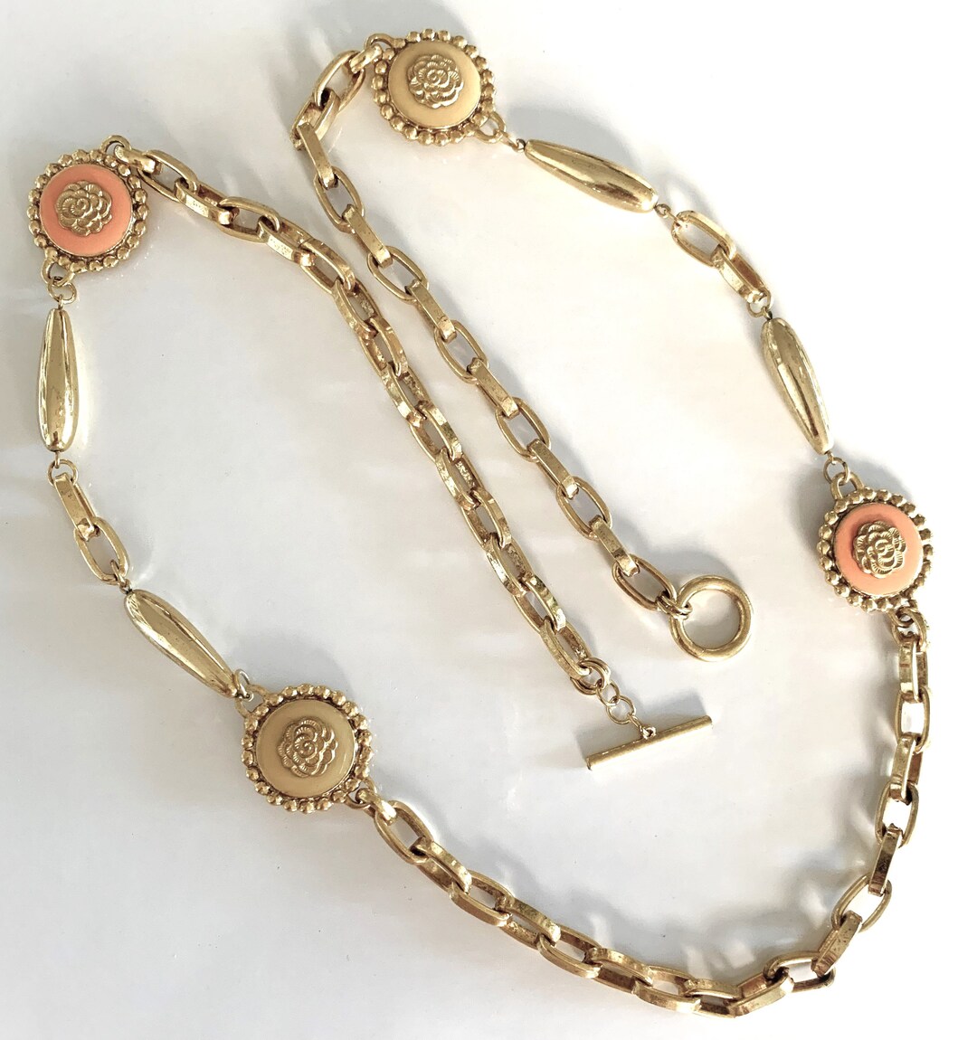 36" Heavy Oval Cable Link Gold Tone Chain Necklace With Floral Coral ...