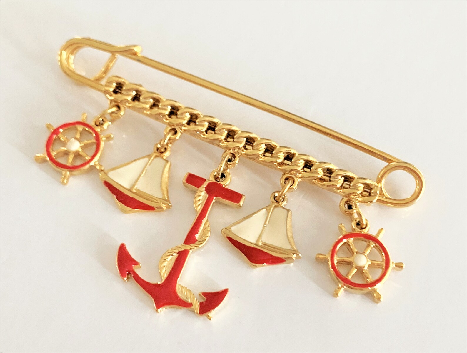CRAFT Gold Tone Oversized Safety Pin Brooch With Gold Link Chain ...