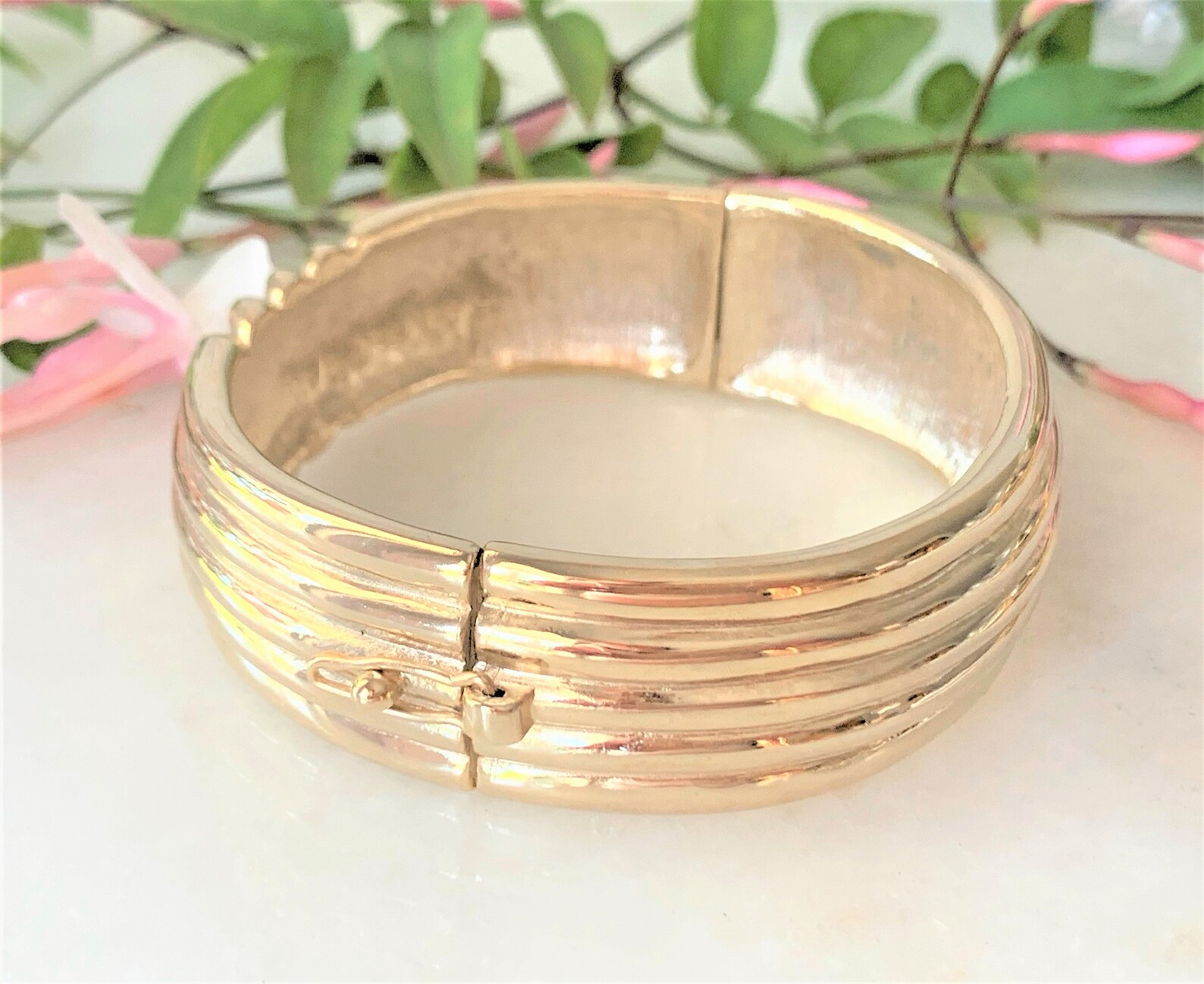 Ribbed Hinged Polished Gold Tone Bangle Bracelet With Fold | Etsy