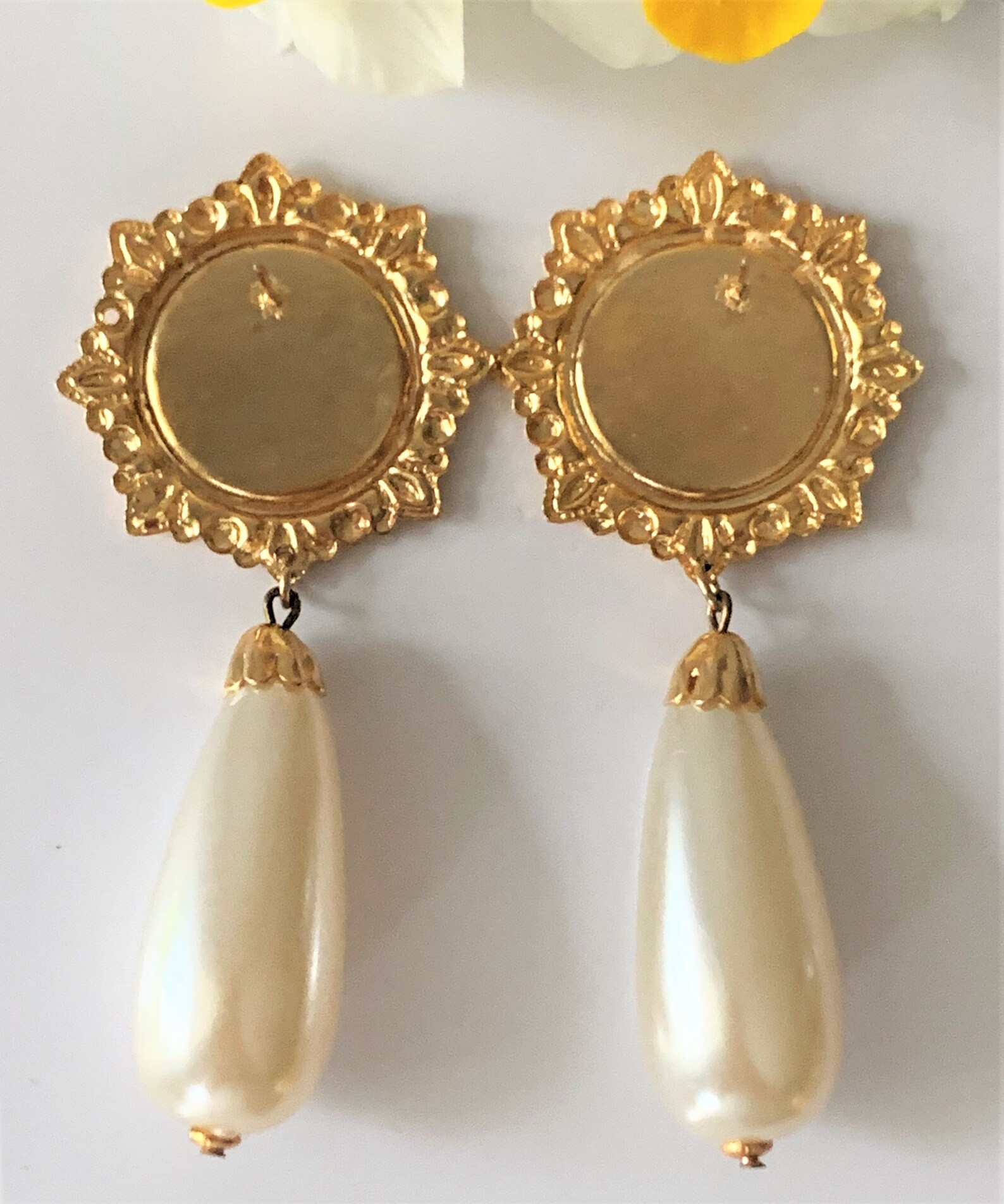 Large Gold Tone Coin Stamped Pierced Earrings With Imitation - Etsy