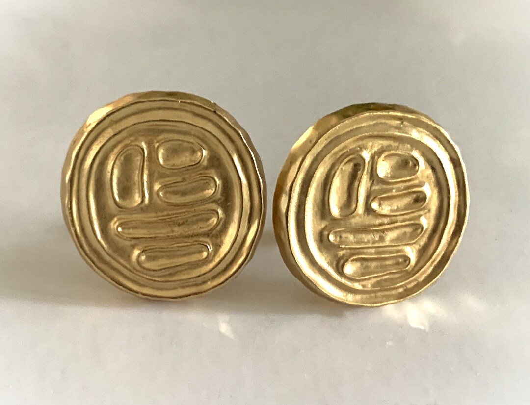 Abstract Hammered & Embossed Satin Gold Oblong Clip on Earrings With ...