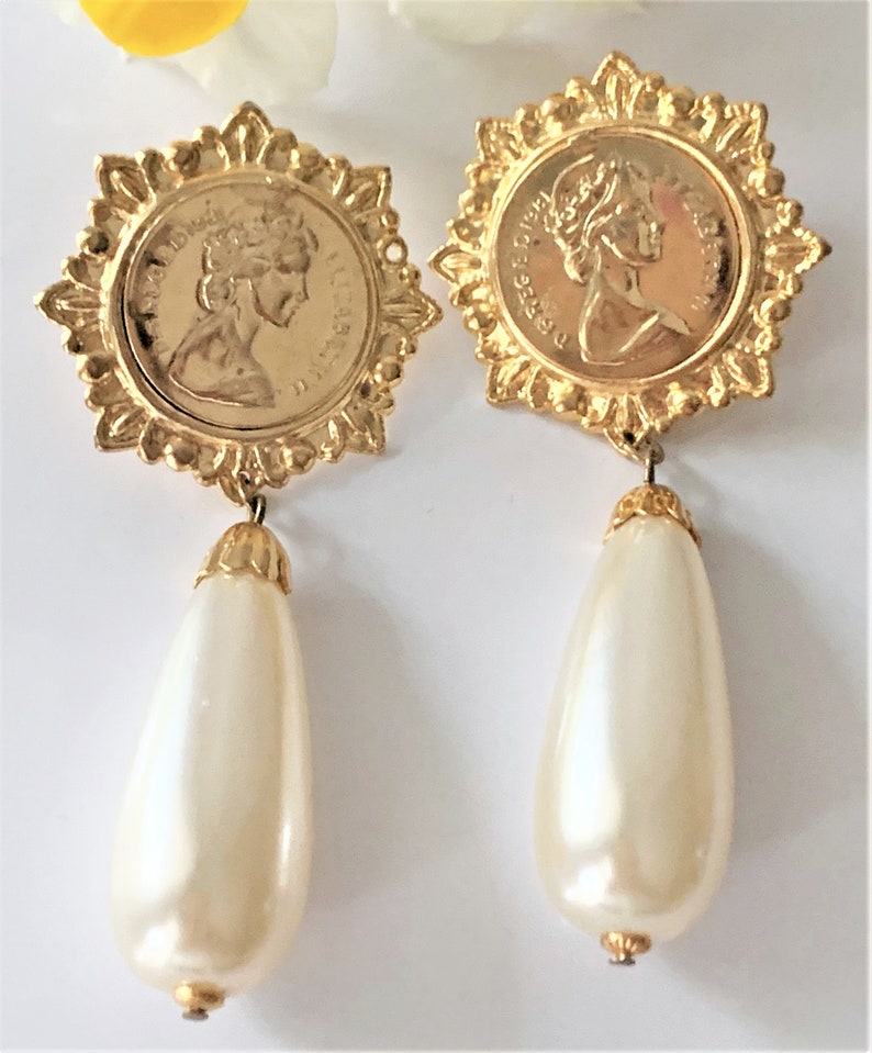 Large Gold Tone Coin Stamped Pierced Earrings With Imitation - Etsy