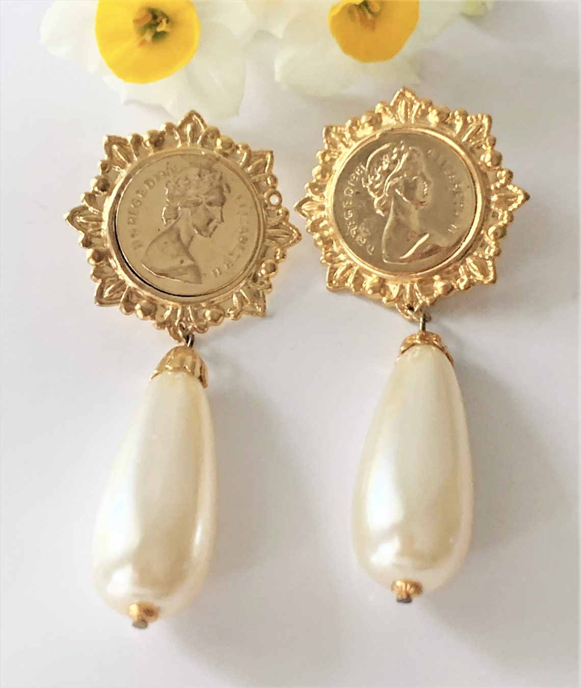 Large Gold Tone Coin Stamped Pierced Earrings With Imitation - Etsy