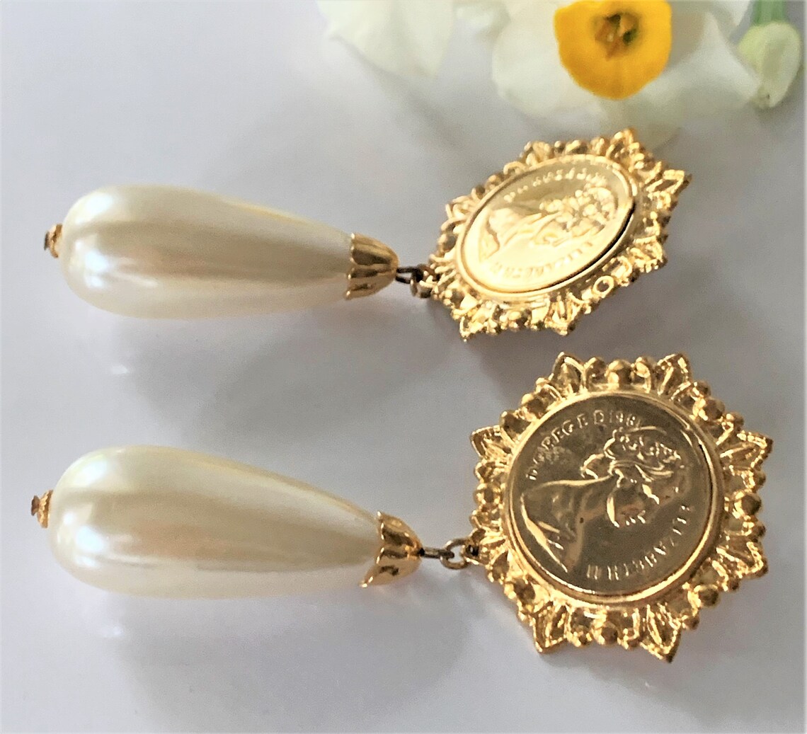 Large Gold Tone Coin Stamped Pierced Earrings With Imitation - Etsy