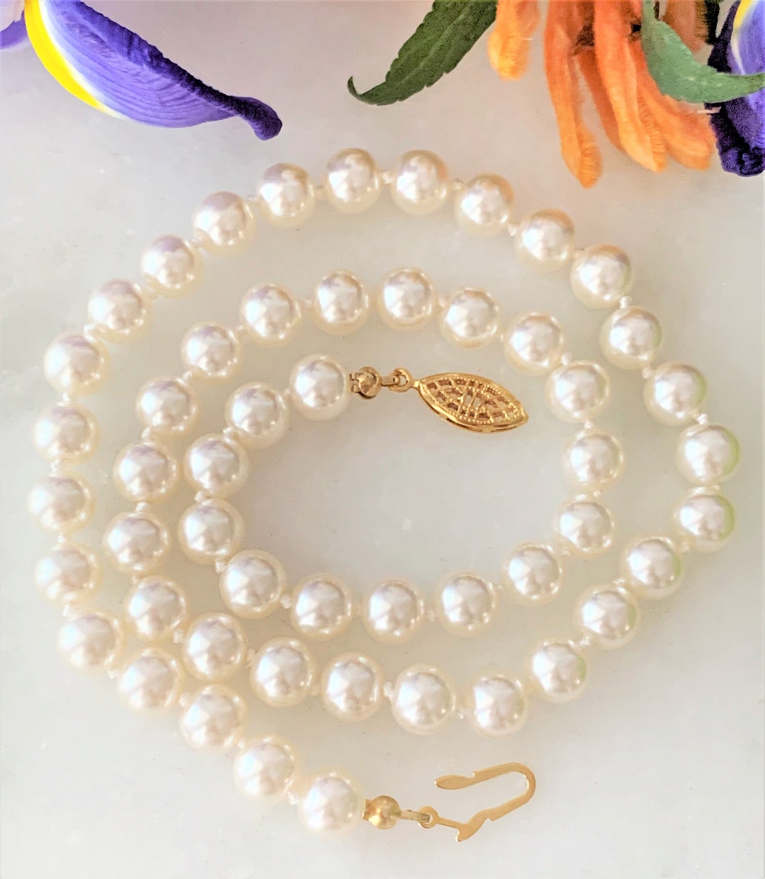 14KYGF Clasp Hand Knotted Glass Natural Pearl 19" Vintage Necklace ...