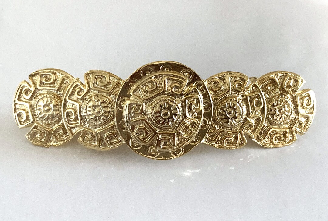Greek Key Medallions Gold Tone Metal Curved Automatic Barrette Made in ...