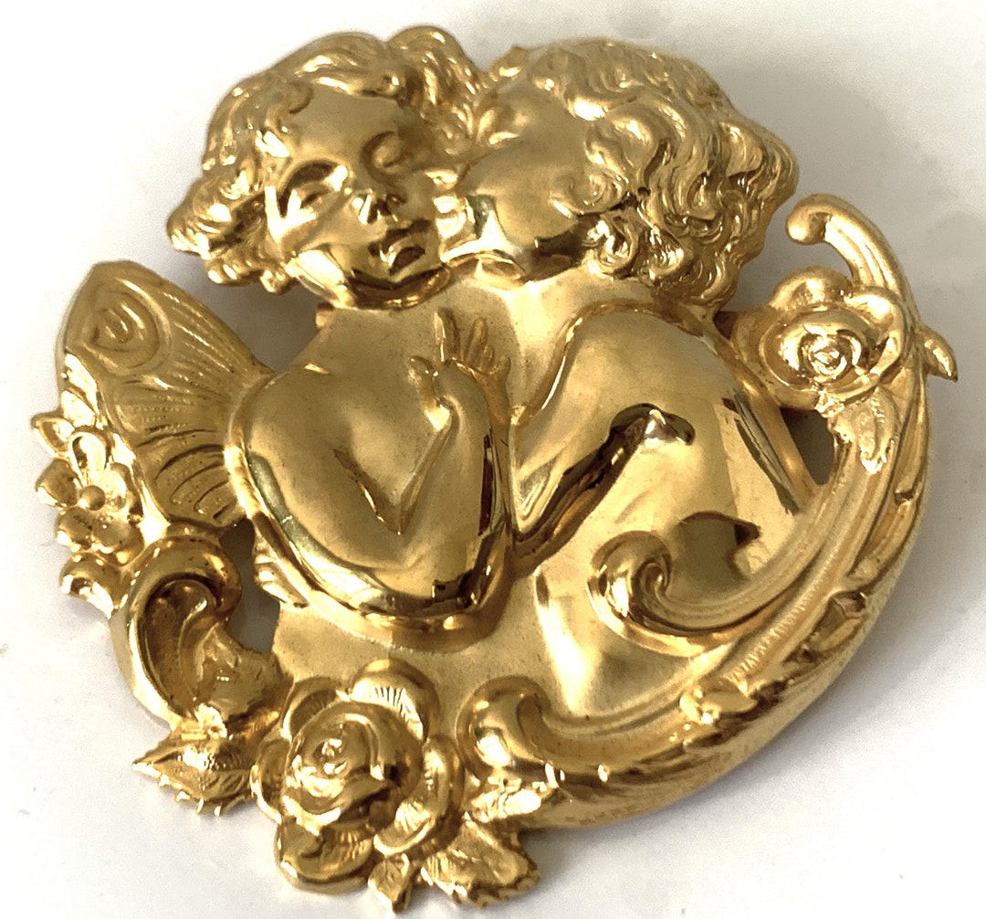 Cupid Angels Kissing Gold Tone Brooch - Made in USA - Etsy