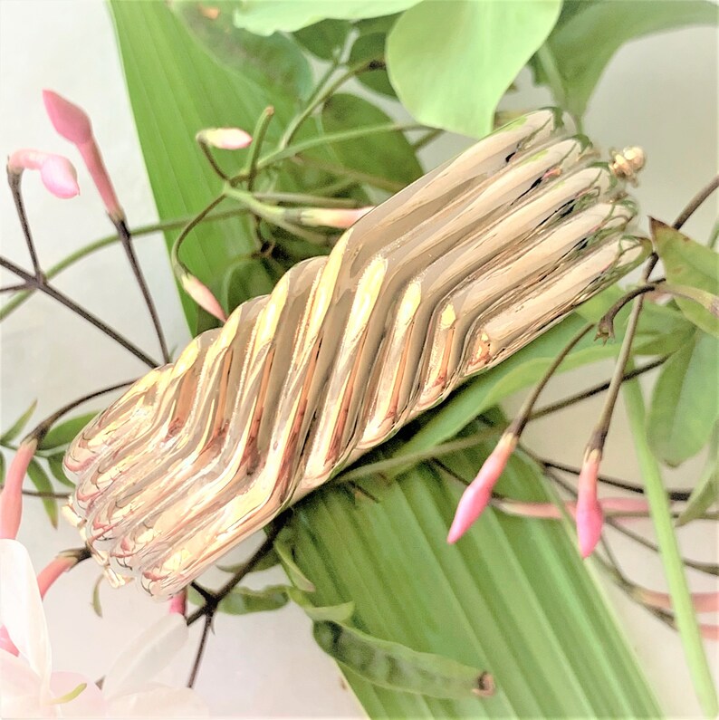 Ribbed Hinged Polished Gold Tone Bangle Bracelet With Fold | Etsy
