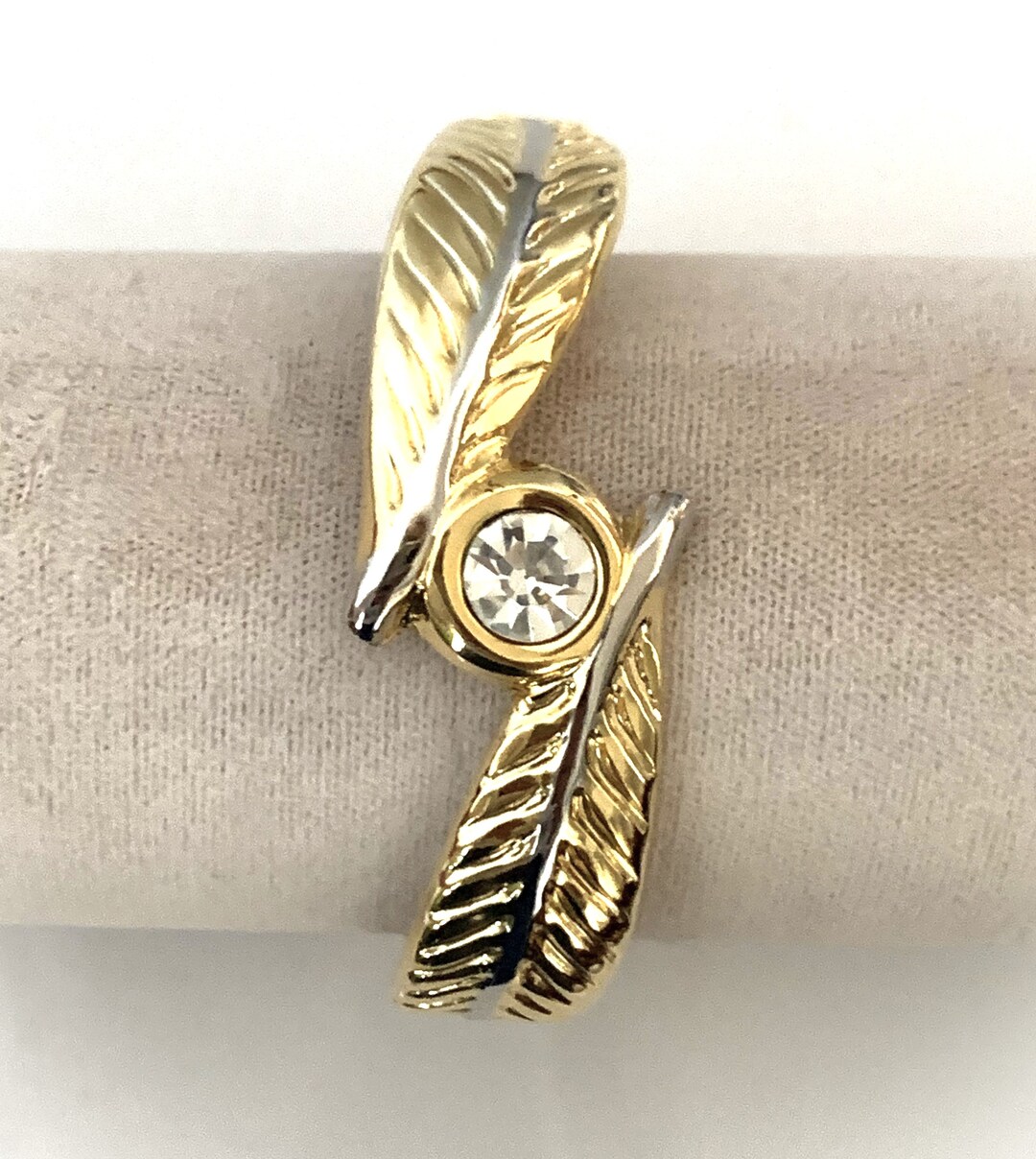 Two Tone Engraved Leaves Hinged Oblong Bangle With Faceted Crystal ...