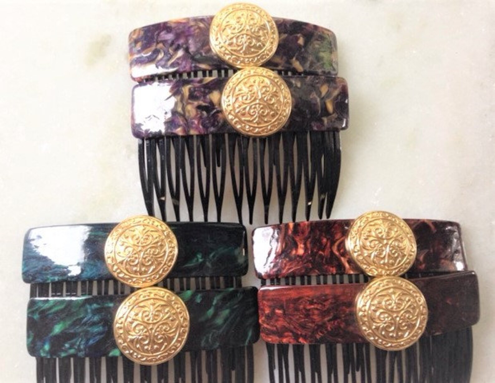 Marbled Italian Acetate Pair Curved Hair Combs with Etched | Etsy