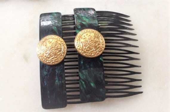 Marbled Italian Acetate Pair Curved Hair Combs with E… - Gem