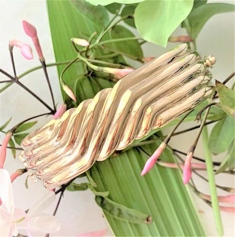 Ribbed Hinged Polished Gold Tone Bangle Bracelet With Fold | Etsy