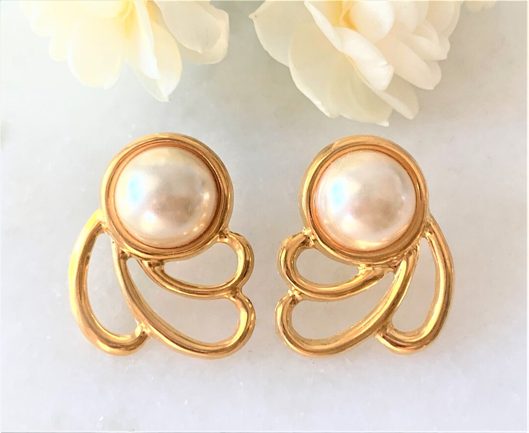 Open Work Swirl Pierced Earrings with White Pearl Domes in Polished ...