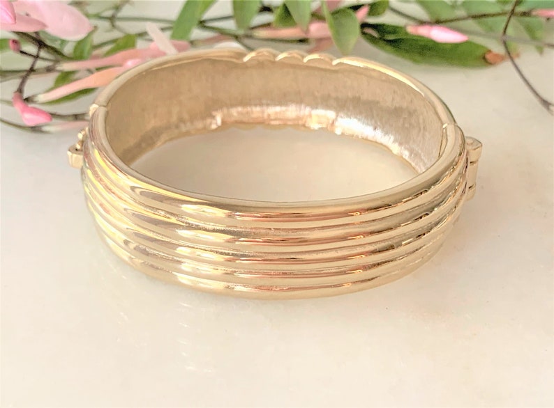 Ribbed Hinged Polished Gold Tone Bangle Bracelet With Fold | Etsy