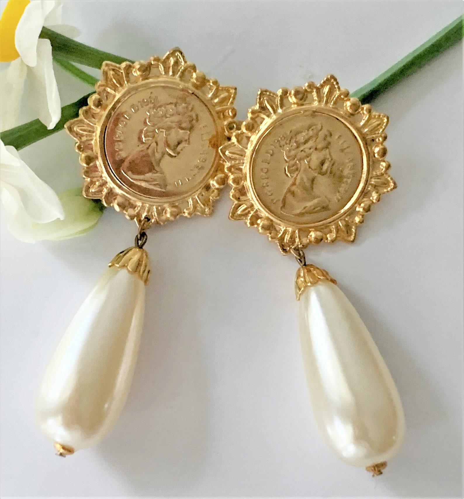 Large Gold Tone Coin Stamped Pierced Earrings With Imitation - Etsy