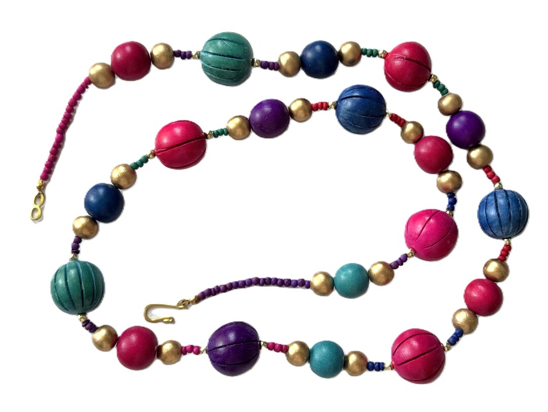 Vintage 31" Satin Gold & Brite Multi Carved Wood Bead Necklace With ...