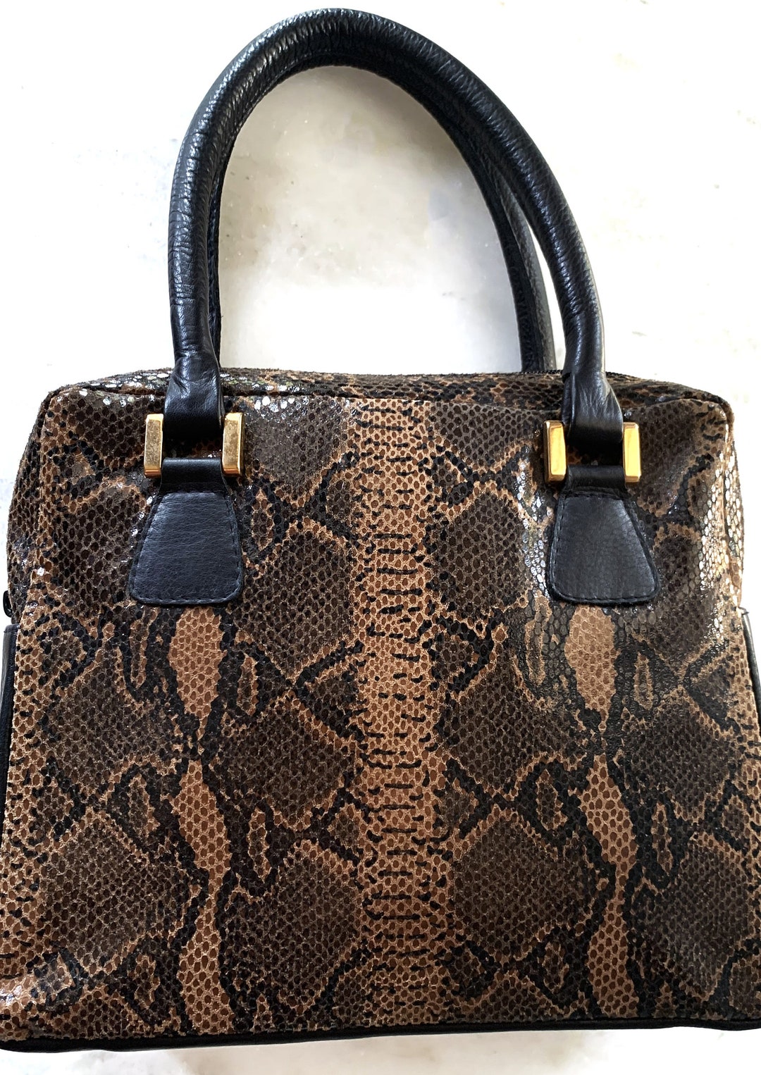 Brown/black Python Embossed and Printed Leather & Black Leather Top ...