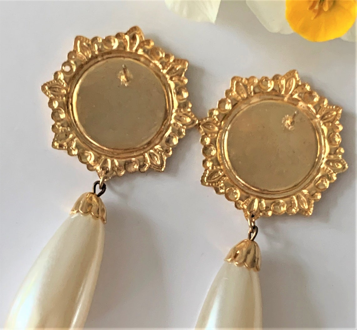 Large Gold Tone Coin Stamped Pierced Earrings With Imitation - Etsy