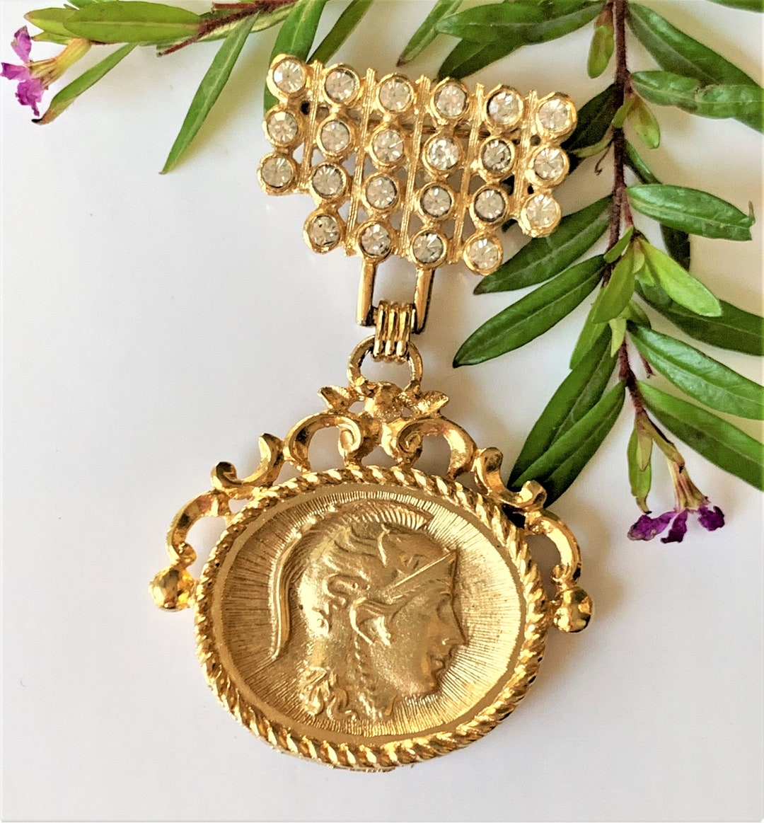 Vintage Roman Head Ornamental Oval Gold Tone Dangle Brooch Hand Set ...